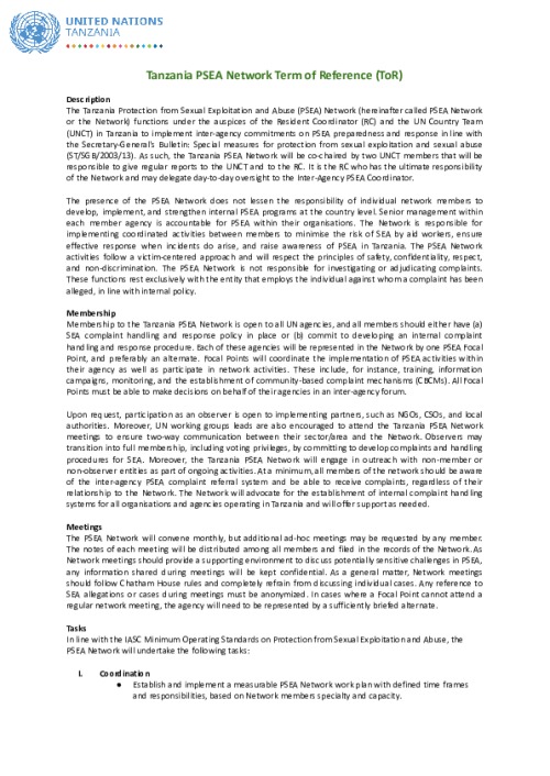 Tanzania PSEA Network ToR | IASC / PSEA Tanzania PSEA Network ToR | IASC / PSEA